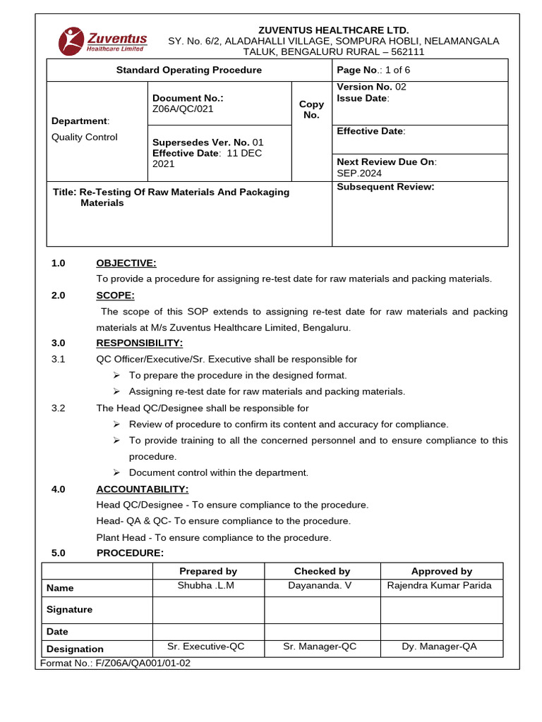 Raw Materials Re-Testing SOP | PDF | Business Process