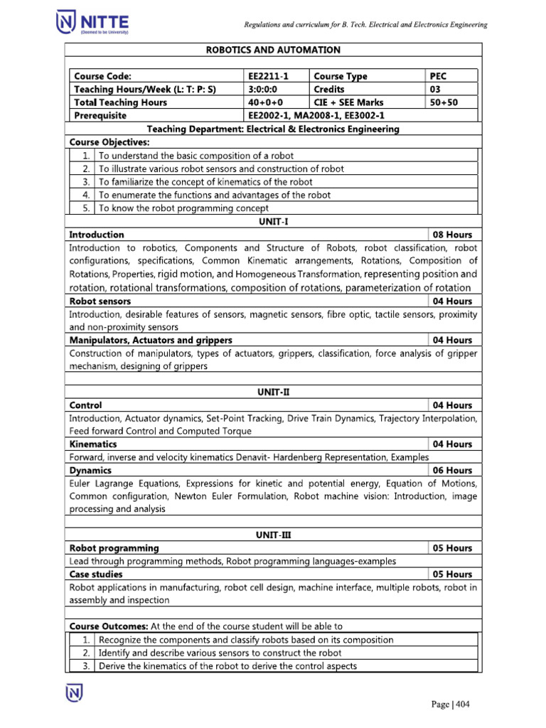 Robotics and Automation Syllabus | PDF