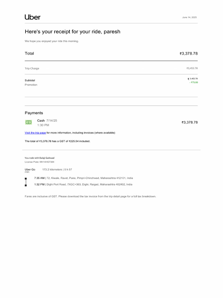 July 14 Uber Bill | PDF