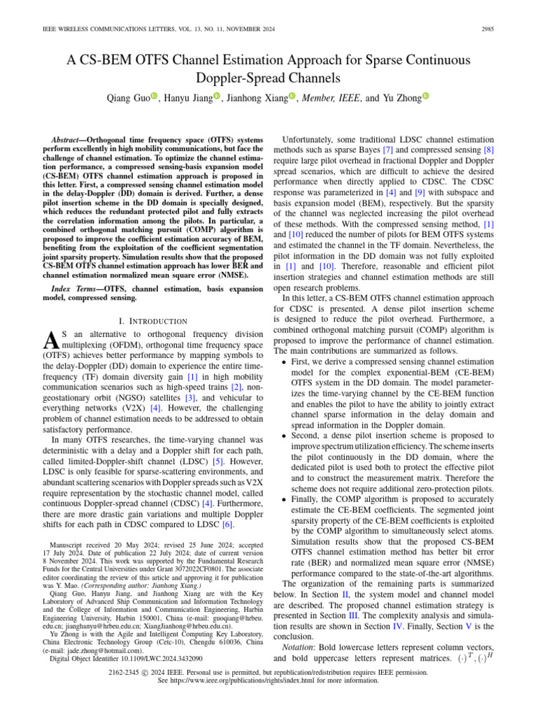 A CS-BEM OTFS Channel Estimation Approach For Sparse Continuous Doppler ...