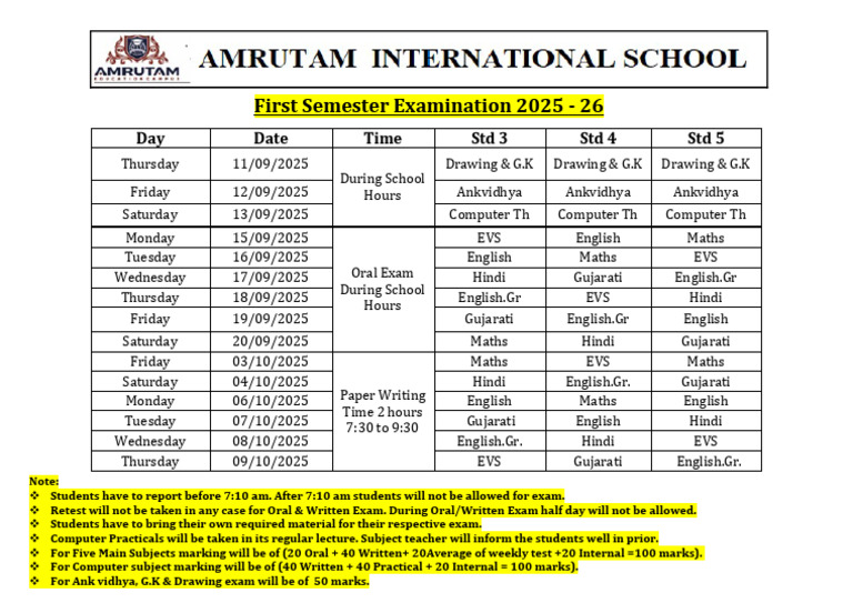 STD 3rd To 5th Revised First Semester Exam Time Table | PDF