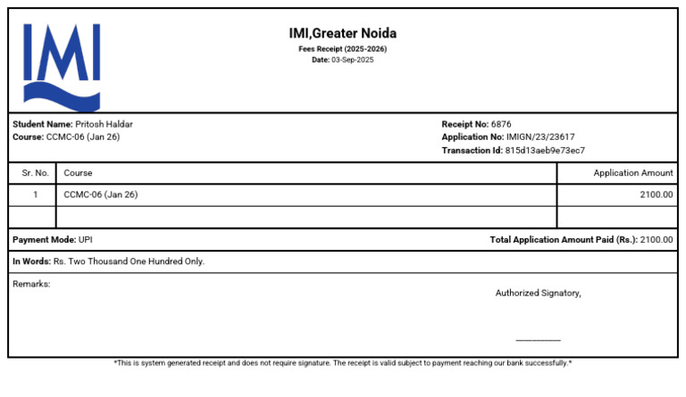 Fees Receipt for Pritosh Haldar | PDF