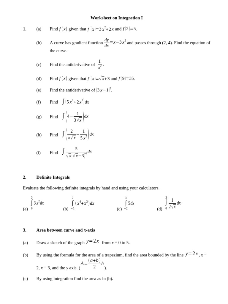 Worksheet On Integration I | PDF | Integral | Area