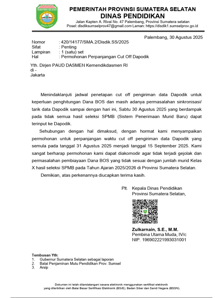Surat Permohonan Perpanjangan Cut Off Kadis 1504 | PDF