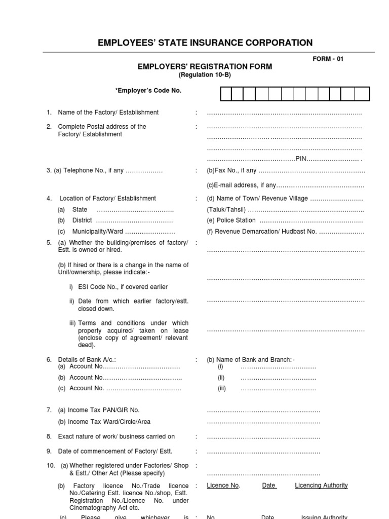 Esic Form01 Employers Registration Form | PDF