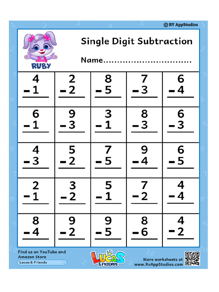 145 Free Printable Worksheets For Kids Single Digit Subtraction ...