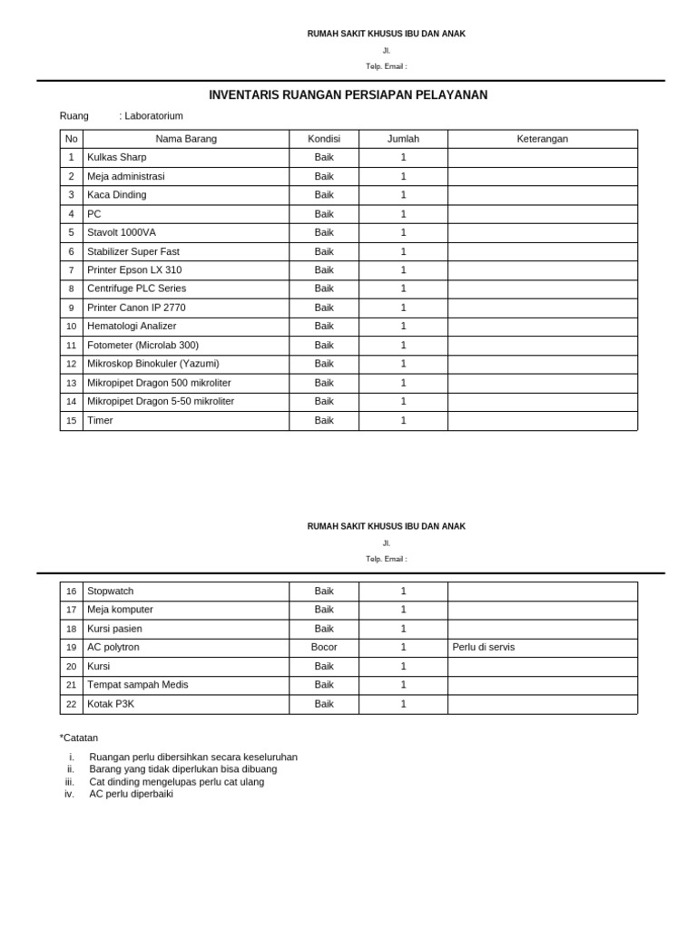 Inventaris Laboratorium RS Ibu dan Anak | PDF