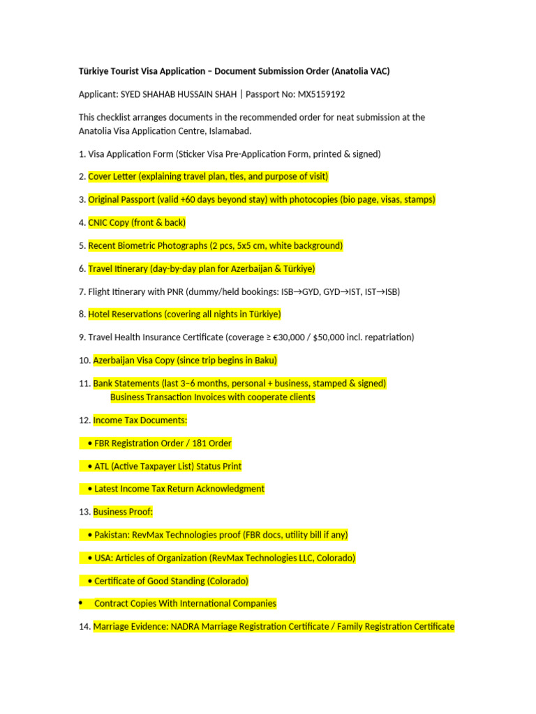 Turkey Visa Document Order Checklist | PDF