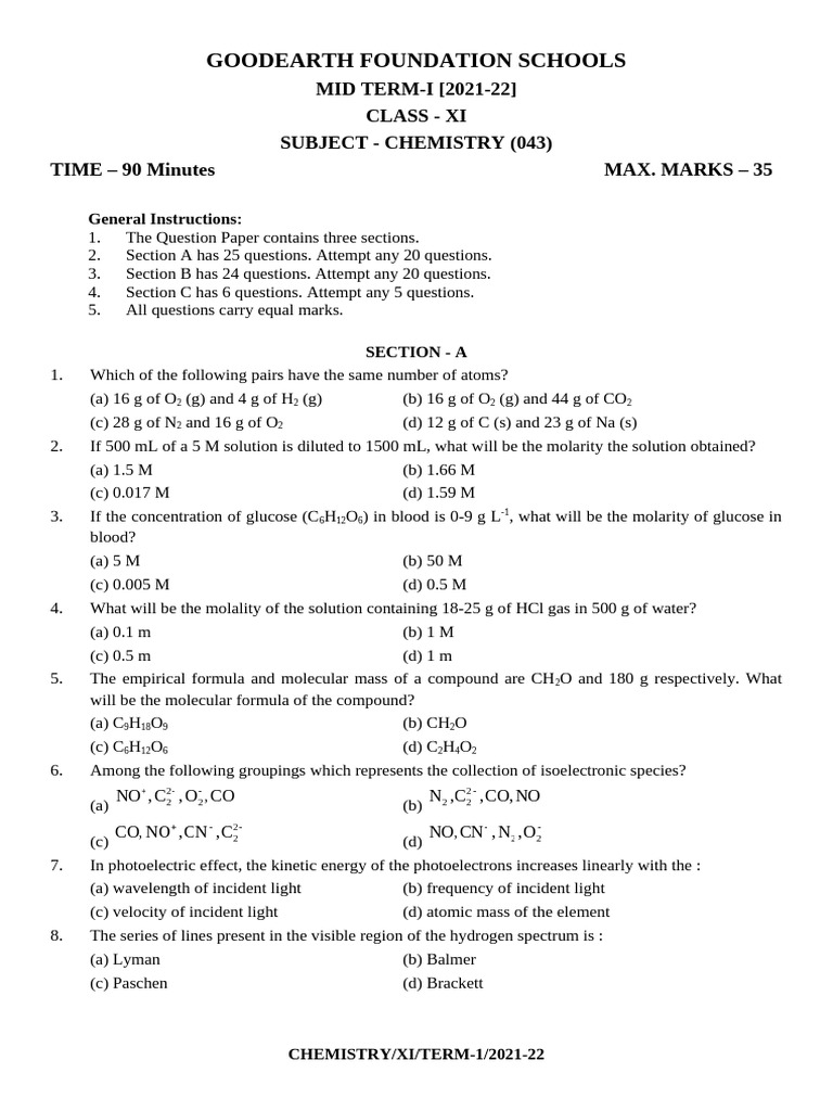 Chemistry Midterm Exam Paper Class XI | PDF | Chemical Reactions ...