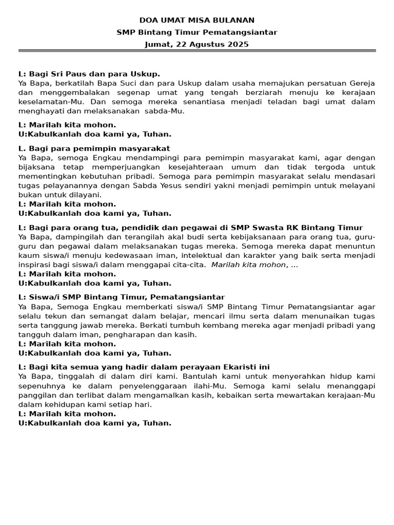Doa Umat Misa Bulanan SMP Bintang Timur | PDF