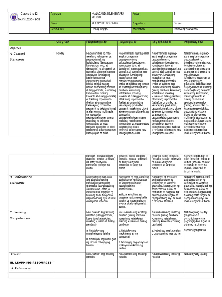 Filipino 5 Q2 Week 1 | PDF