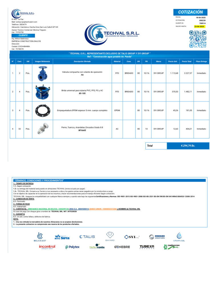 Tvl-18.06.2025-Cot.000239-Empresa Constructora Balcos - Construcción Agua Potable Av. Pando | PDF