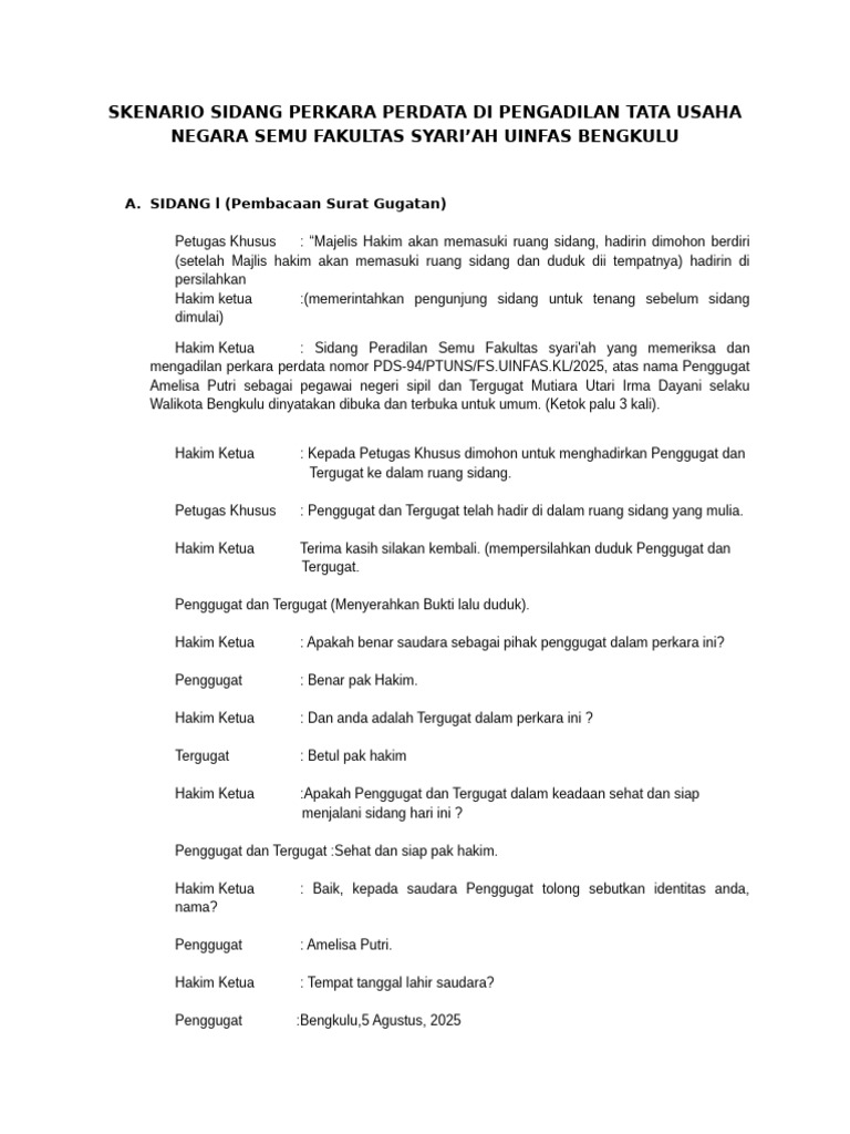 Skenario Sidang Perkara Perdata Di Pengadilan Tata Usaha Negara Semu Fakultas Syari | PDF