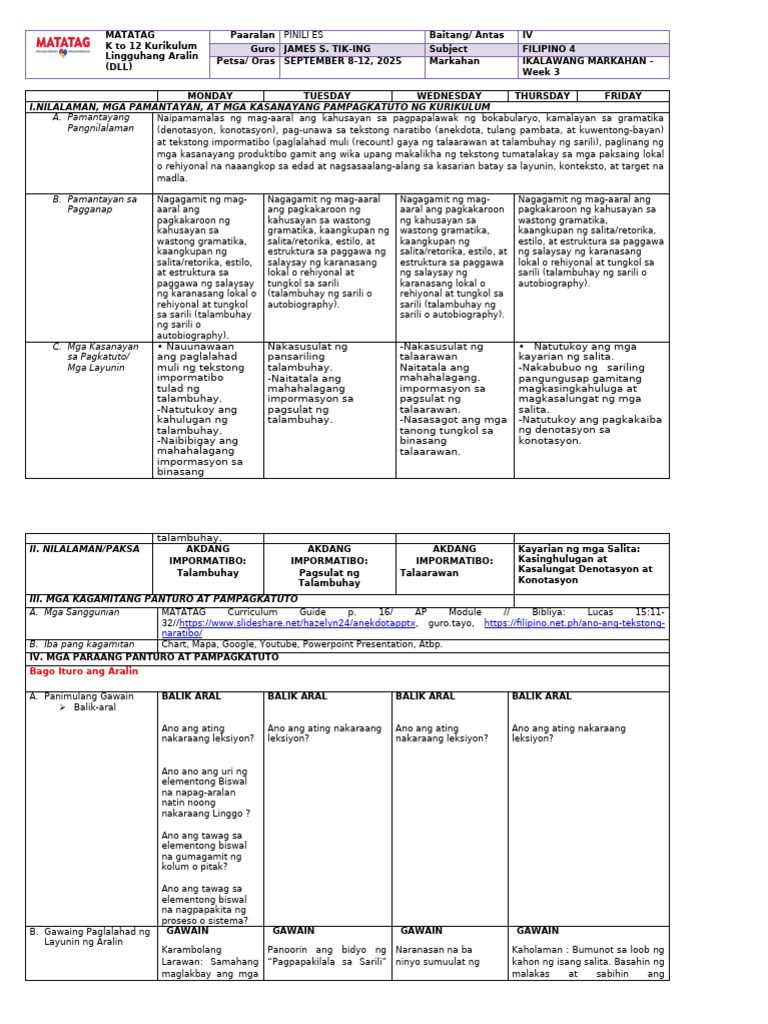 DLL Filipino G4 Q2 W3 | PDF