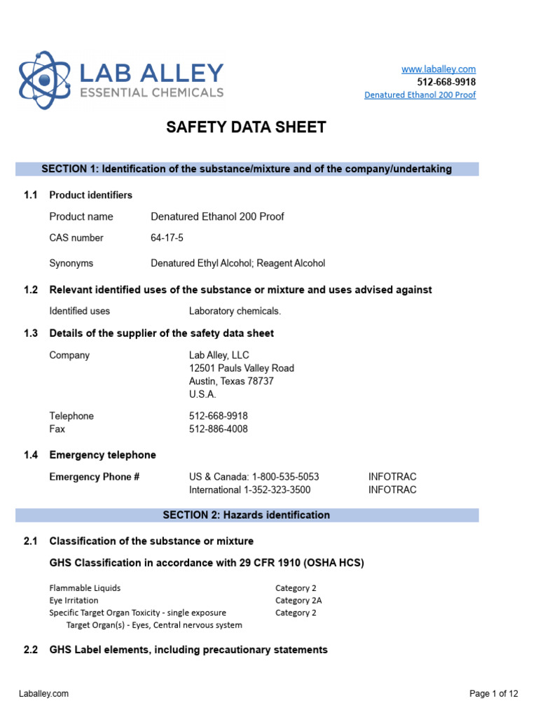 Denatured Ethanol 200 Proof Safety Data Sheet | PDF | Chemistry | Safety