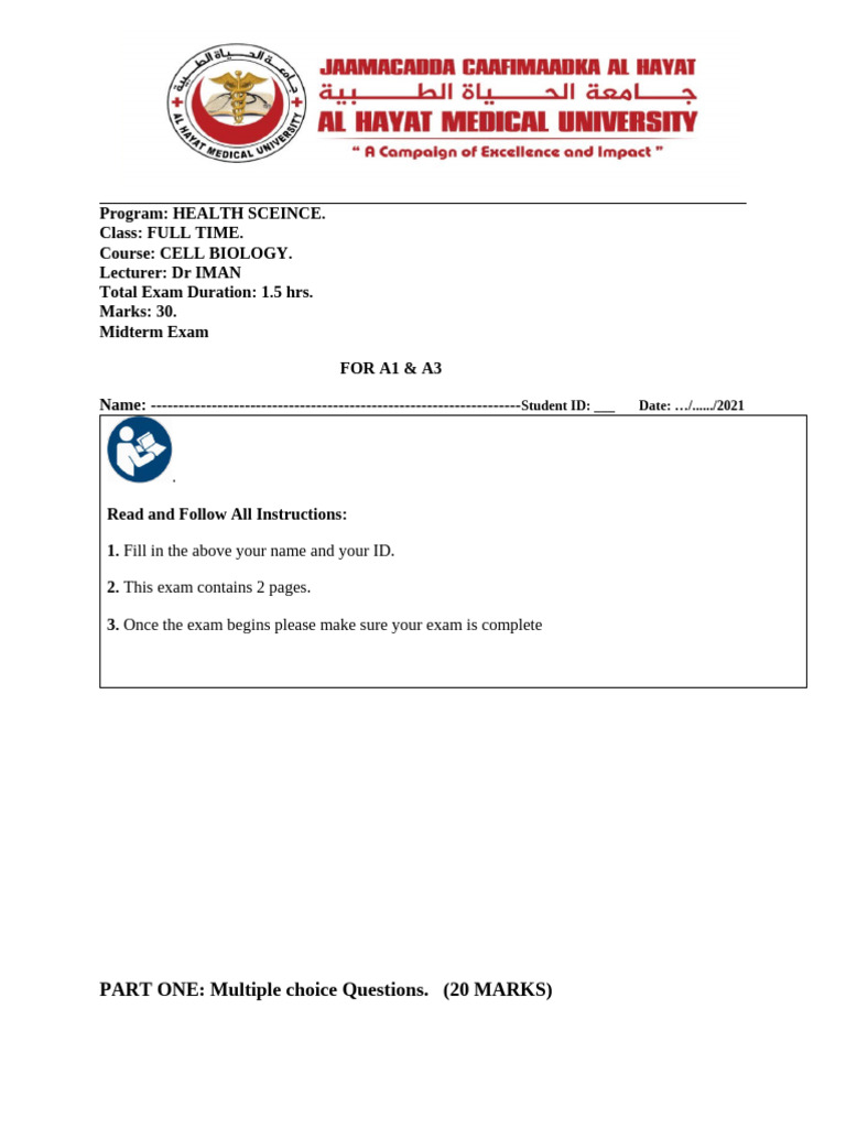 Cell Biology Midterm Exam Guide | PDF