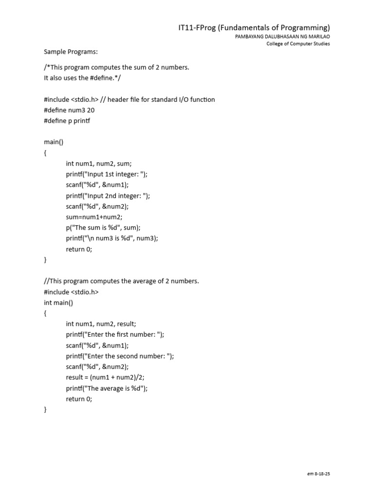 Programming Basics: Sample Codes | PDF