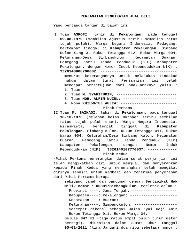 PPJB Bawah Tangan Asrofi Dan Agus | PDF