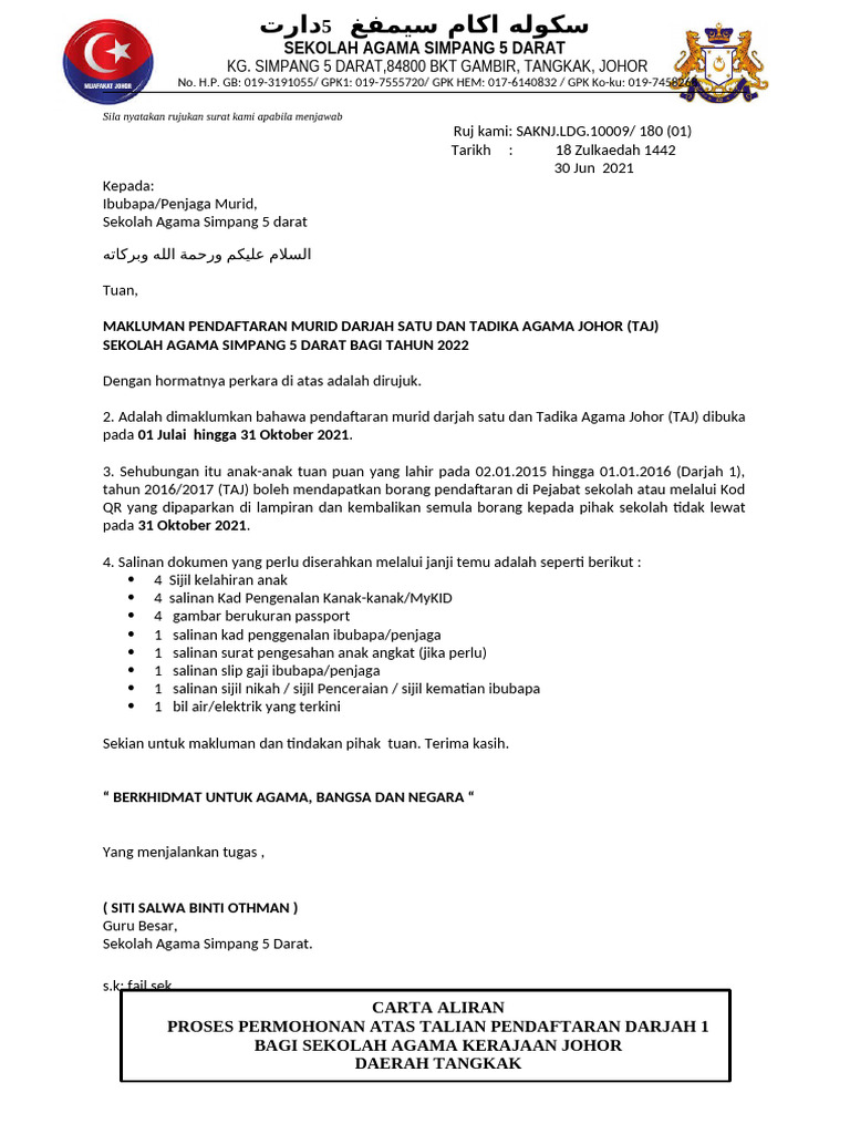 Surat Hebahan Darjah 1 Kepada Ibu Bapa | PDF