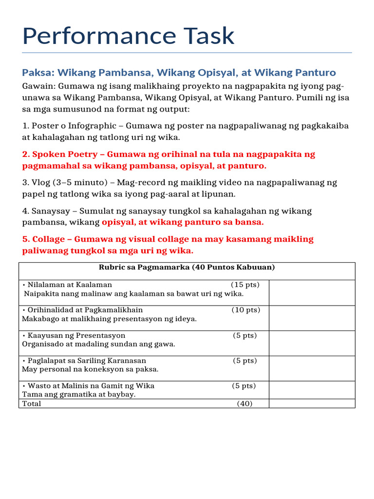 Aralin 2 Performance - Task - Wika | PDF
