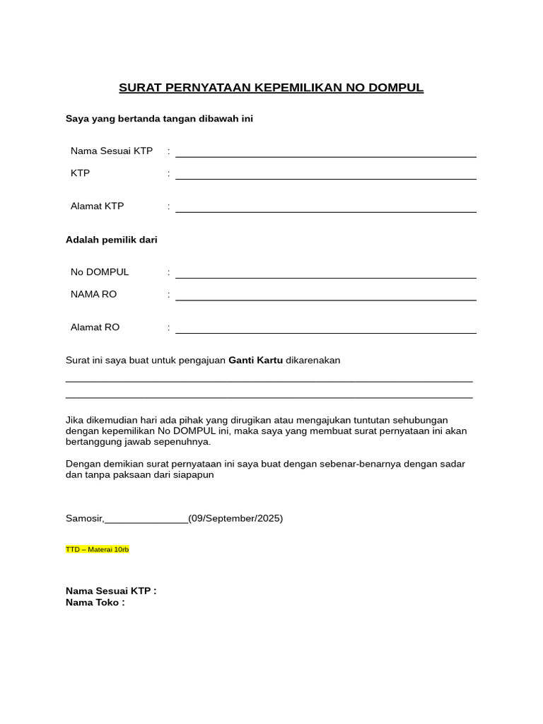 Surat Pernyatan Kepemilikan DOMPUL | PDF