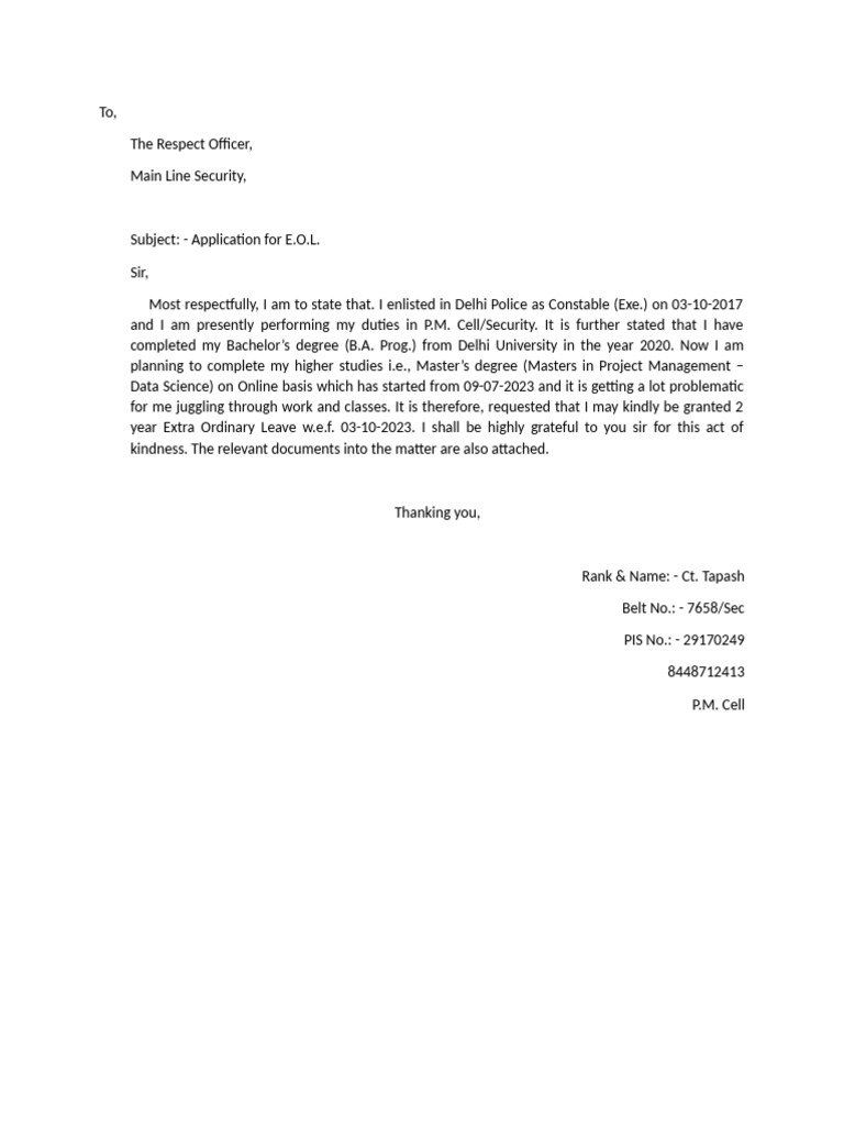 Request for Extra Ordinary Leave | PDF