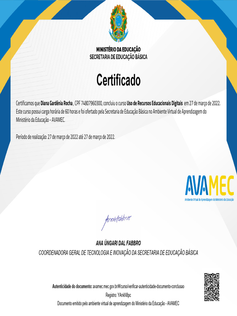 Certificado de Curso AVAMEC - Diana Rocha | PDF
