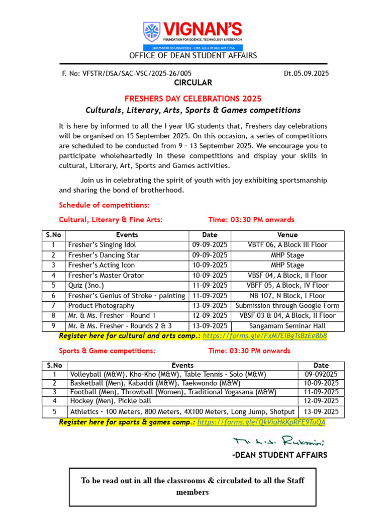 Freshers Day Celebrations 2025 Schedule | PDF | Sports | Sports Equipment