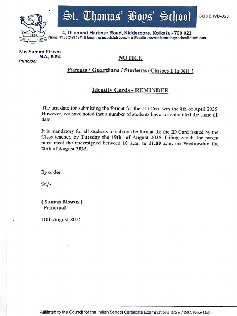 Notice Dated 18.8.25 Identity Card Reminder | PDF