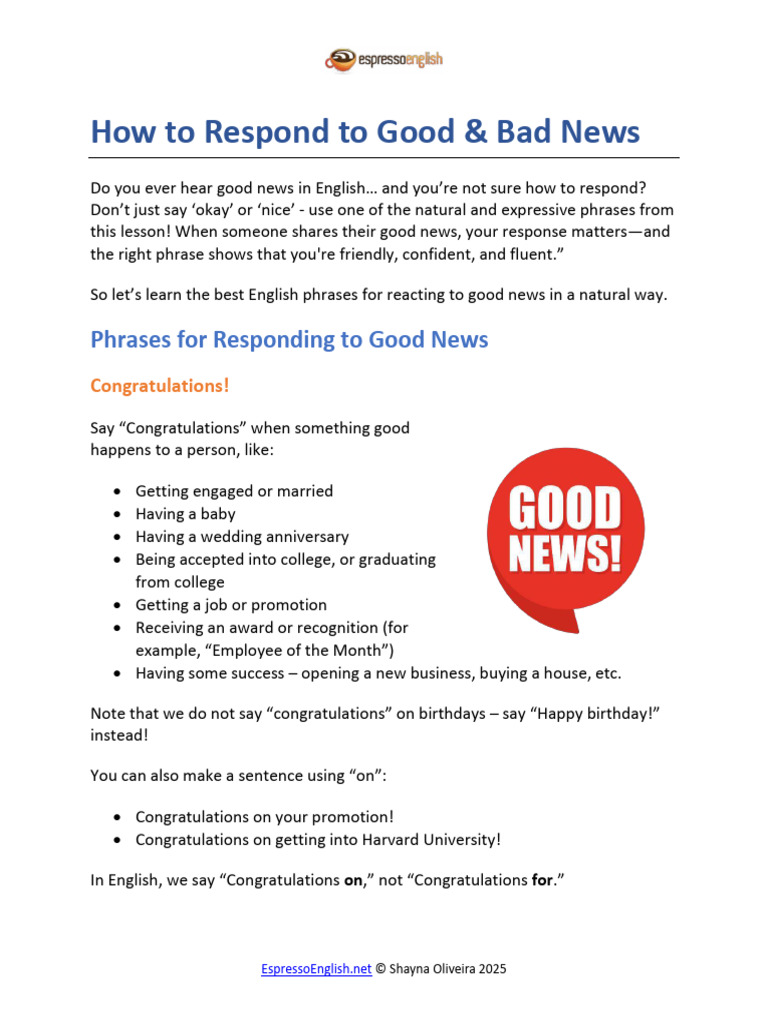 Responding to Good & Bad News in English | PDF