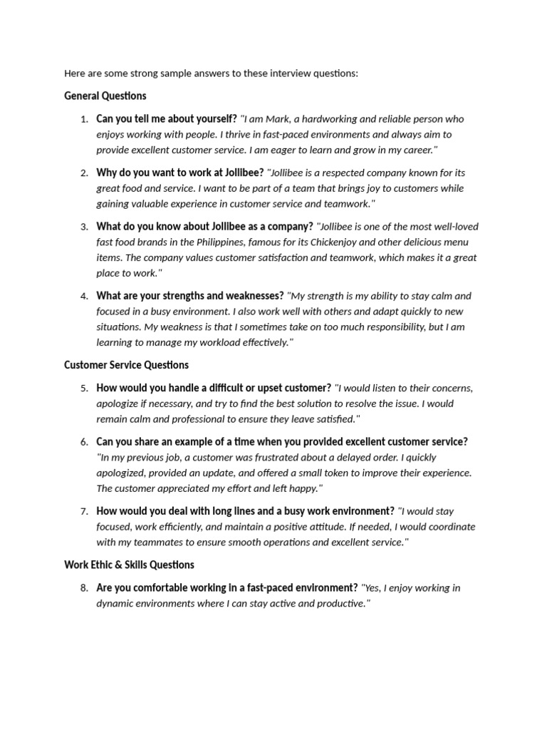 Jollibee Interview Answer Samples | PDF | Organizational Behavior ...