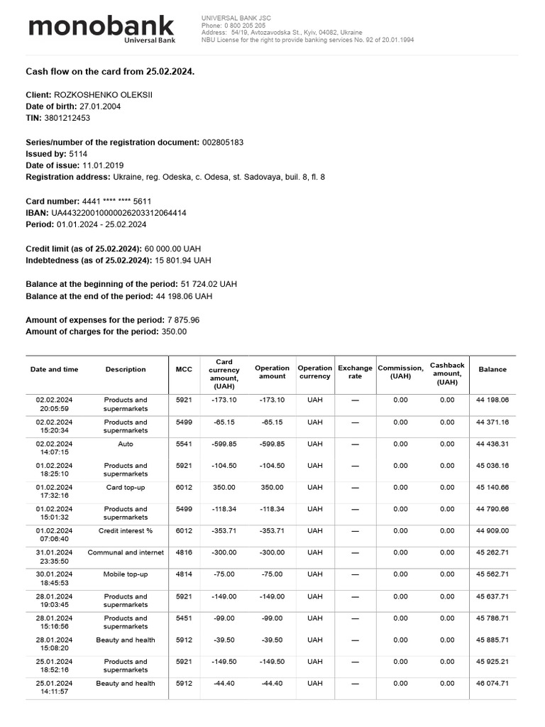 Universal Bank Card Statement 2024 | PDF | Credit Card | Service Industries