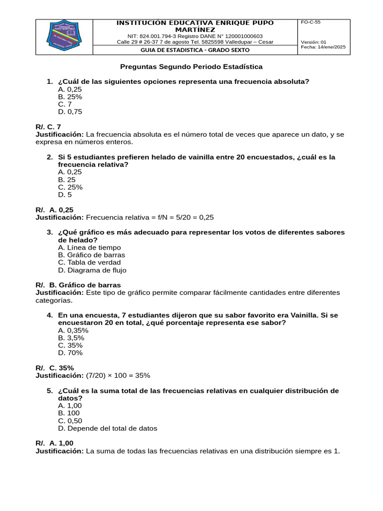 Preguntas Estadisticas 2do Periodo Sexto | PDF