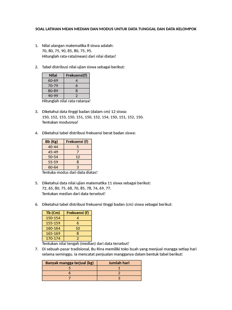Soal Latihan Mean Median Dan Modus Kls Xi | PDF