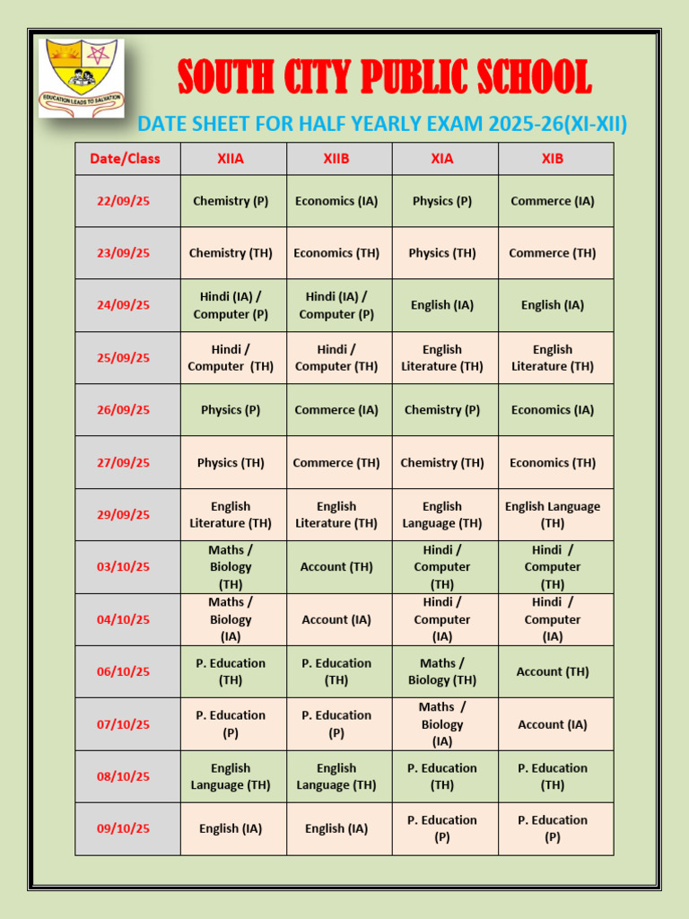 Date Sheet of Half Yearly Exam 2025-26 (XI-XII) | PDF