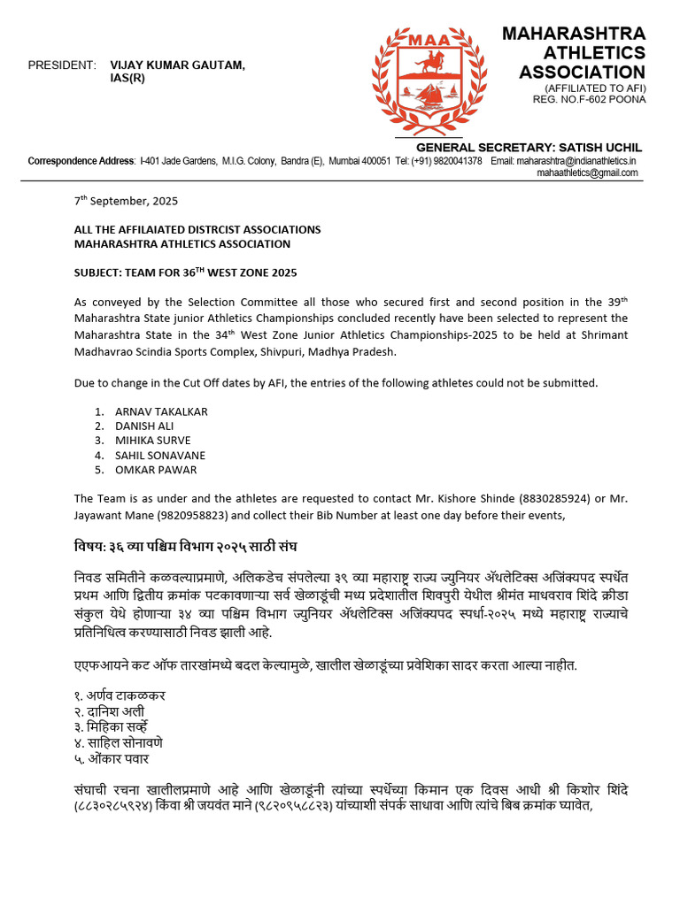 Maharashtra Team for West Zone 2025 | PDF