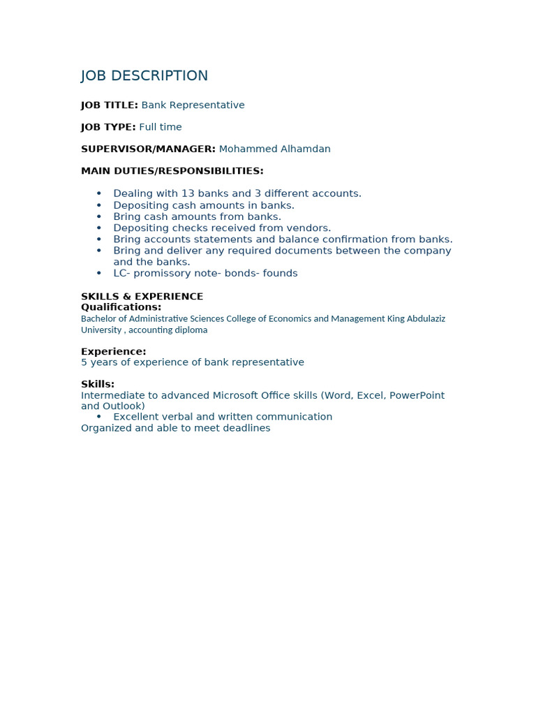 Bank Representative Job Description | PDF