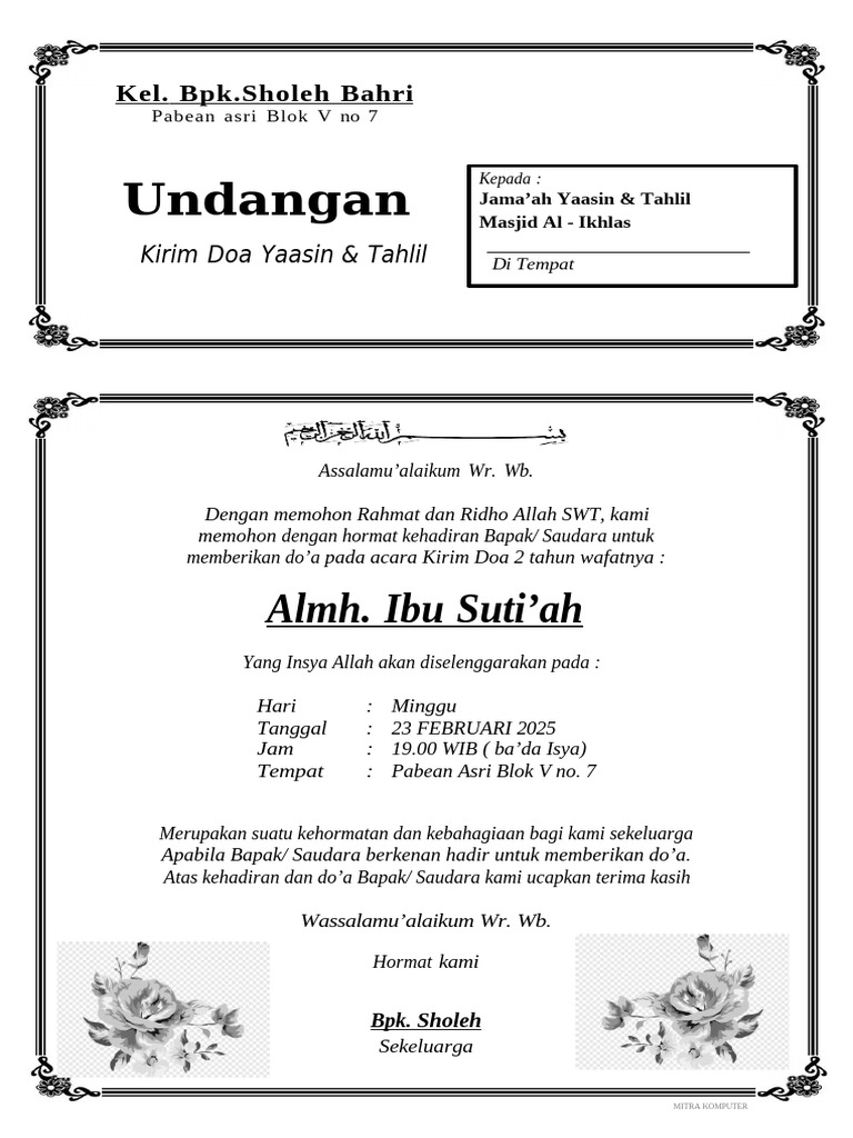 Undangan Jama'Ah Yasin&Tahlil Masjid Al-Ikhlas | PDF