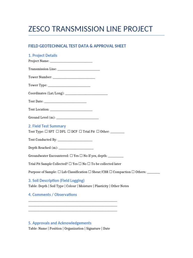 Field Geotechnical Test Approval Sheet | PDF