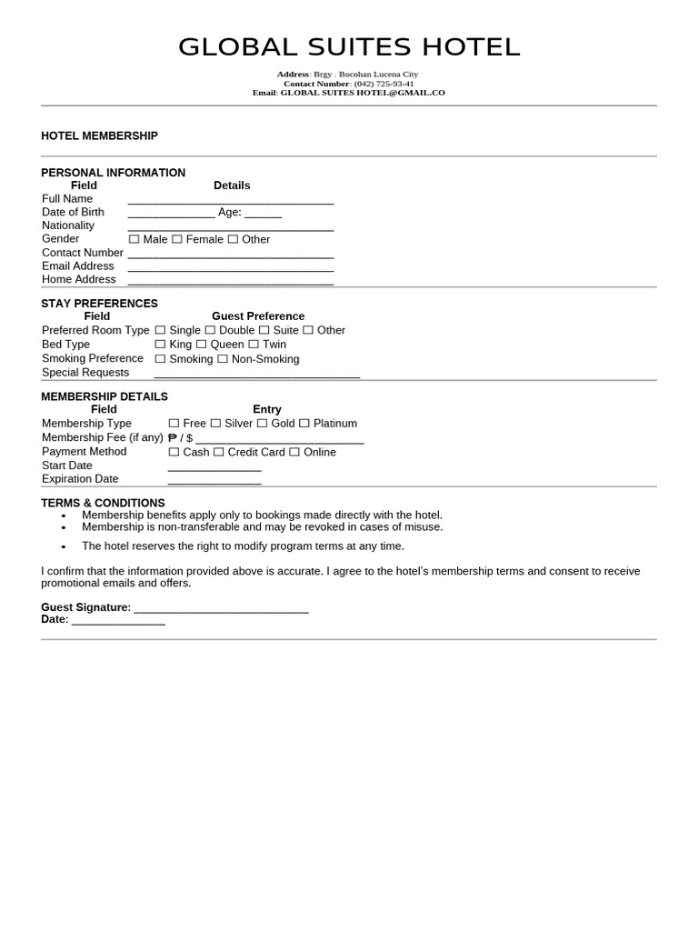 Global Suites Hotel Membership Form | PDF