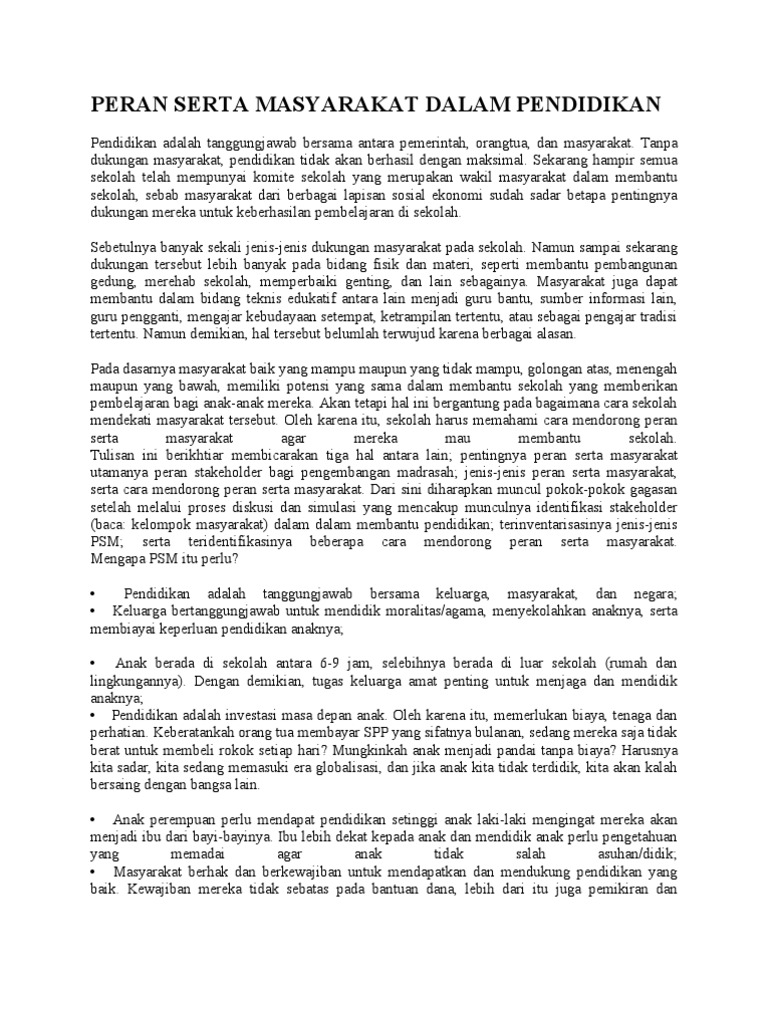 Peran Serta Masyarakat Dalam Pendidikan | PDF