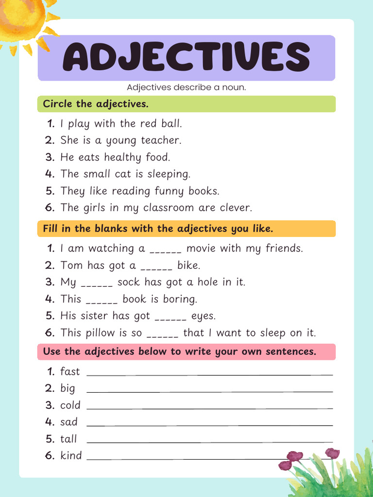 Parts of Speech Adjectives English Grammar Worksheet in Colorful and ...