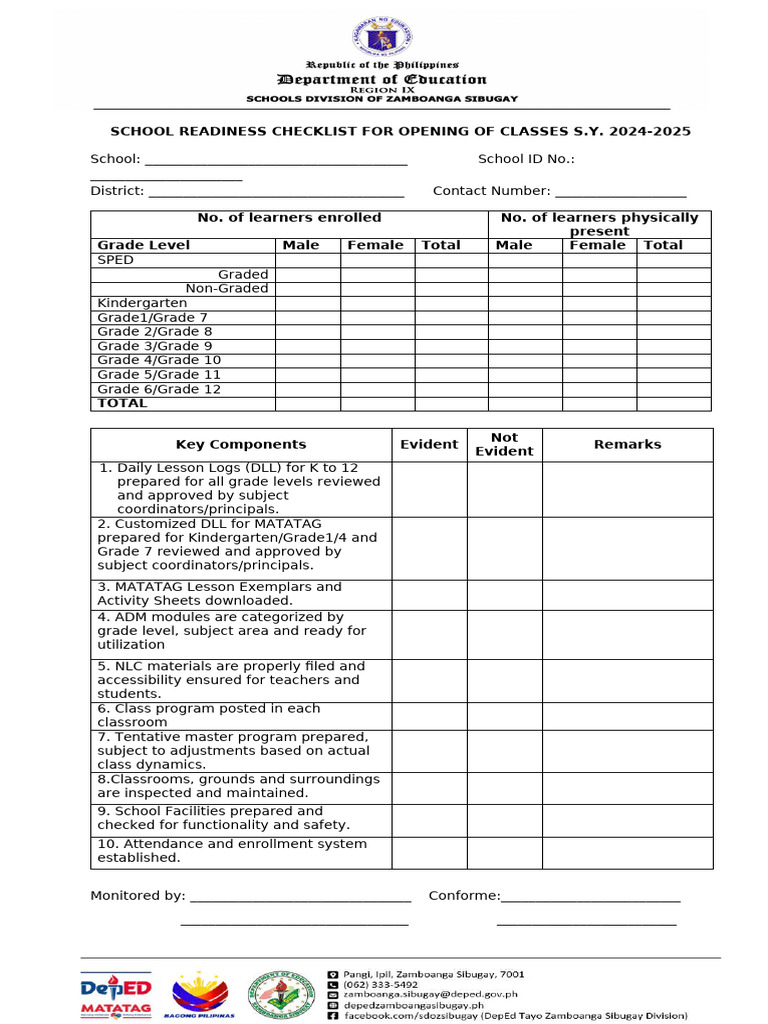 School Readiness Checklist For Opening of Classes S | PDF