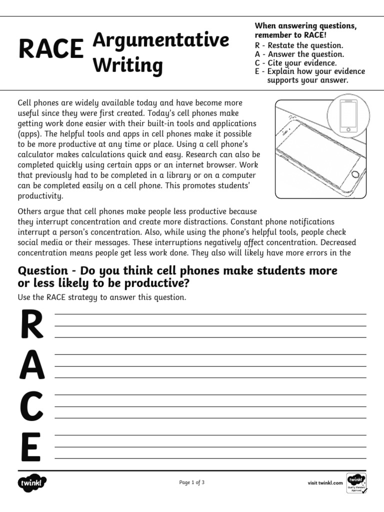 BW RACE Argumentative Writing Practice Worksheet (Dragged) 2 | PDF