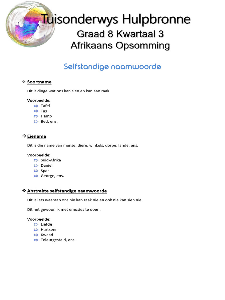 Graad 8 Kwartaal 3 Afrikaans Opsomming | PDF