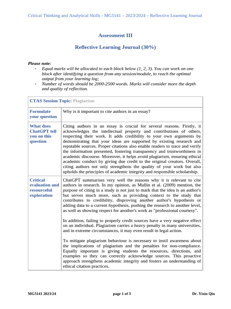 Reflective Journal on Critical Thinking Skills | PDF | Critical ...