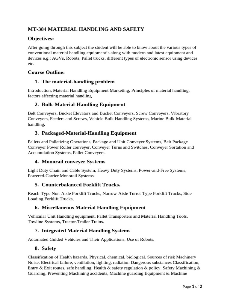 Courese Outline Material Handling | PDF | Occupational Safety And ...