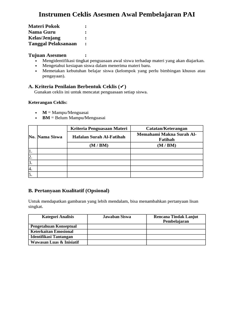 Instrumen Ceklis Asesmen Awal Pembelajaran PAI | PDF