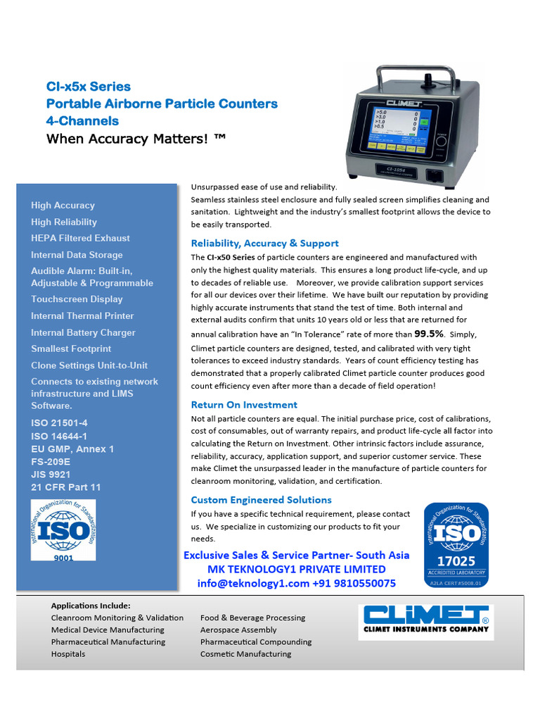 CLIMET Classic CI-x5x Series Portable Air Particle Counter for ...