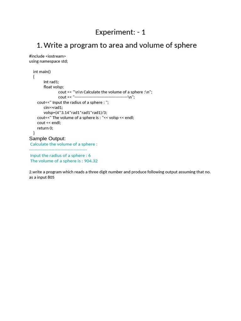 Experiment: - 1 1. Write A Program To Area and Volume of Sphere | PDF